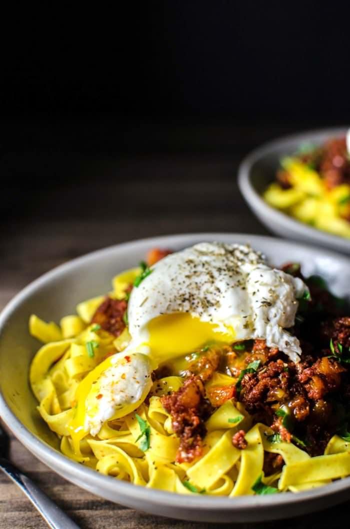 Apricot and Chorizo Bolognese (with Turmeric Pasta) - The Flavor Bender