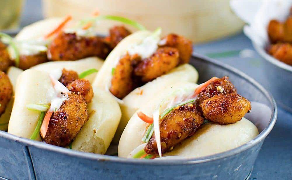 Easy Spicy Asian popcorn Shrimp Bao | The Flavor Bender